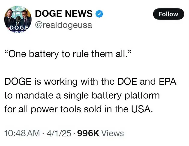 DOGE Mandates Power Tool Manufacturers Use Single Battery Platform